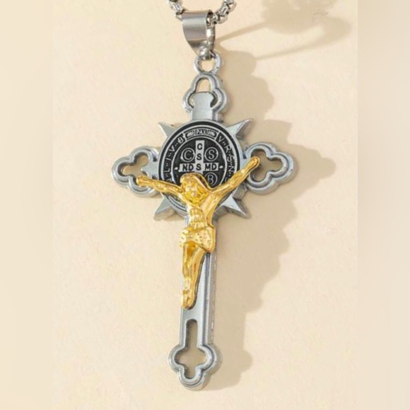 Accessories | Benedictine Crucifix St Benedict Gold Jesus Silver Steel ...